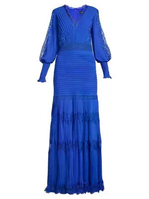Tadashi Shoji Maxi Nyssa Bishop Lace-panelled Gown - Blue