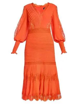Tadashi Shoji Nyssa Bishop Lace-trimmed Pleated Midi Dress - Orange