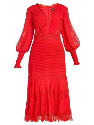 Tadashi Shoji Tadashi Shoji Nyssa Bishop Lace-Panelled Pleated Midi Dress Red