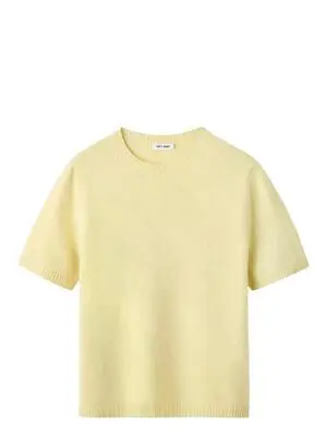 Soft Goat Fine Knit Ribbed Short Sleeve Sweater - Yellow