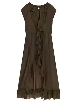 Guess Ruffled Trim High-low Dress With V-neck And Cap Sleeves - Brown
