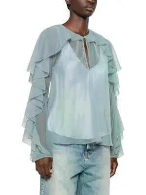 FORTE_FORTE Sheer Ruffled Sleeve Shirt - Blue