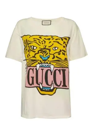 Gucci Tiger Print V-neck T-shirt - Neutrals