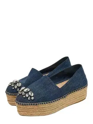Miu Miu Crystal Embellished Denim Espadrille Platform Wedge Shoes - Blue
