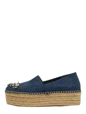 Miu Miu Crystal Embellished Denim Espadrille Platform Wedge Shoes - Blue
