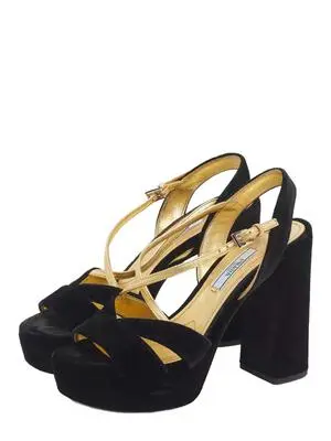 Prada Criss-cross Strap Platform High Block Heel Sandals - Black
