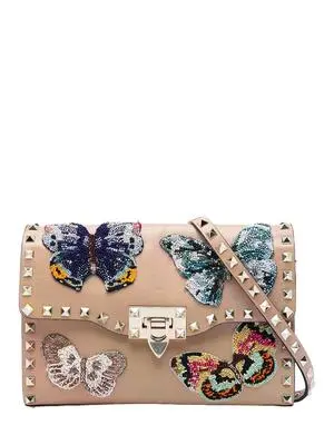 VALENTINO Valentino Garavani Medium Beaded Butterfly Embellished Leather Rockstud Flap Crossbody Bag
