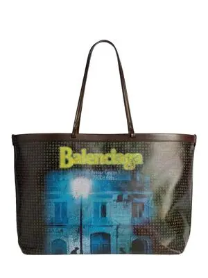 Balenciaga Balenciaga Logo-Print Leather-Trimmed Tote Bag Brown