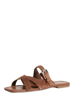 STUART WEITZMAN Sai Suede Slides With Gold-tone Buckle - Doe