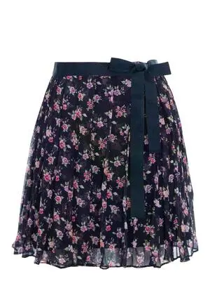CUANNA Floral Print Pleated A-line Skirt With Side Tie - Blue