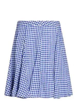 120% Lino Linen Checked Pleated Mini Skirt - Blue
