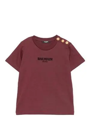 Balmain Logo Embroidered Button Detail T-shirt - Red