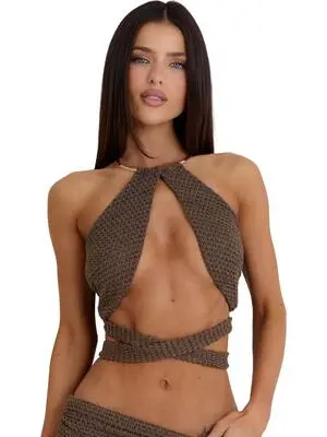 OUTCAST Nevvaeh Crop Top Knit Halter With Crossover Detail - Brown