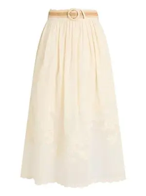 Zimmermann Belted Embroidered Linen Midi Skirt - Ecru