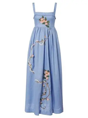 Agua Bendita Barbara Embroidered Linen Maxi Dress - Blue