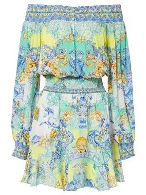 Camilla Off-shoulder Printed Embellished Silk Minidress - Multicoloured