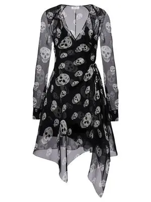 Alexander McQueen Skull Asymmetric Silk Chiffon Wrap Dress - Black