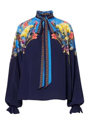 Etro Floral Tie-neck Silk Habotai Blouse - Blue