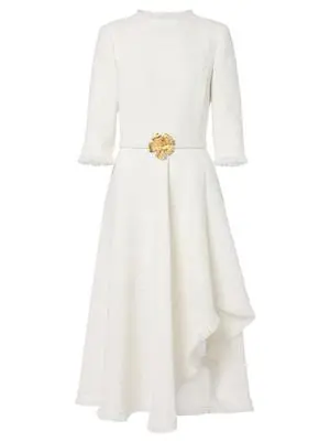 Oscar De La Renta Belted Fringed Bouclé Midi Dress - White