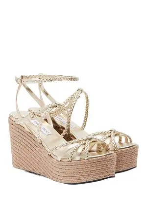 JIMMY CHOO Nyra Braided Leather Espadrille Wedges - Gold