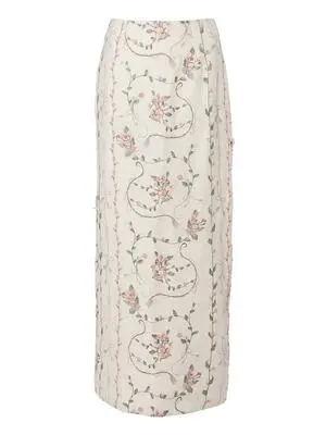 Agua Bendita Floral Embroidered Linen Maxi Skirt - White