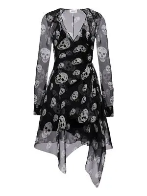 Alexander McQueen Asymmetrical Skull Print Silk Chiffon Wrap Dress - Black