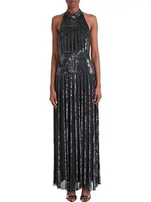 TEMPERLEY LONDON Filigree Sequin Halterneck Maxi Dress - Black