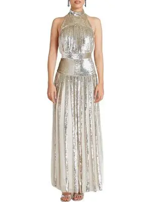TEMPERLEY LONDON Filigree Sequin Halterneck Maxi Dress - Silver