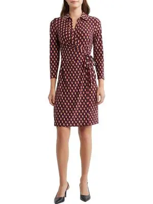 Anne Klein Geo Print Knit Wrap Dress - Rust Multi