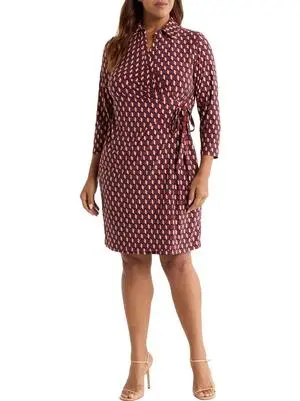 Anne Klein Geo Print Knit Wrap Dress - Rust Multi