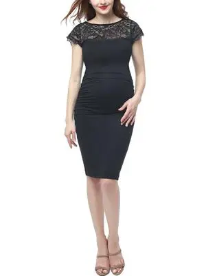 KIMI + KAI Lace Trim Maternity Midi Dress - Black