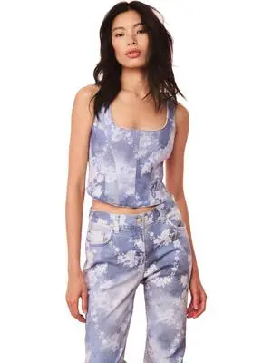 LoveShackFancy Emika Floral Denim Bustier Top - Bluebell Cloud