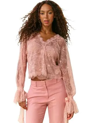 LoveShackFancy Kath Chantilly Lace Blouse With Blouson Sleeves And Ruffled Cuffs - Sandstone