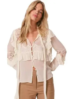 LoveShackFancy Farah Chiffon Lace Ruffle Blouse - Ivory