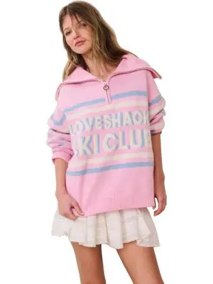 LoveShackFancy Mitsy Wool Ski Club Quarter-zip Sweater - Frozen Lychee