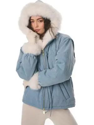 LoveShackFancy X Max&moi Deva Quilted Denim Convertible Jacket With Faux Fur Trim - Blue Denim