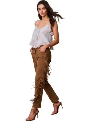 LoveShackFancy Jenya Suede Fringe Pants - Tan