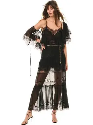 LoveShackFancy Aureline Silk Lace Pleated Maxi Skirt - Black