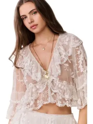 LoveShackFancy Vessia Sheer Embroidered Mesh Top - Ivory