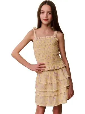 LoveShackFancy Tiered Ruffle Floral Mini Skirt - Lemon Spritz