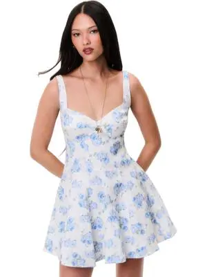 LoveShackFancy LoveShackFancy Linen Floral Fit And Flare Mini Dress Blue Marina