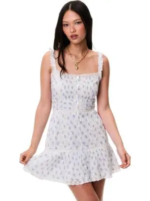 LoveShackFancy Andela Floral Print Mini Dress With Scalloped Lace Trim - Indigo Cloud