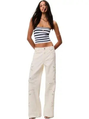 LoveShackFancy Dellah Floral Eyelet Wide-leg Jeans - Ivory