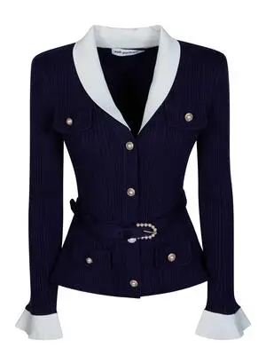 SELF-PORTRAIT Ribbed Knit Cardigan With Belted Waist - Blu