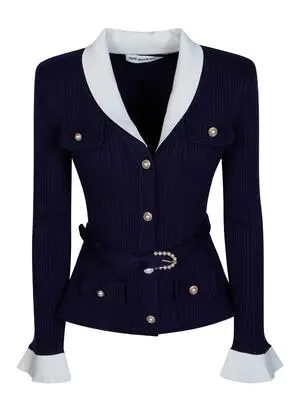 SELF-PORTRAIT Ribbed Knit Cardigan With Belted Waist - Blu