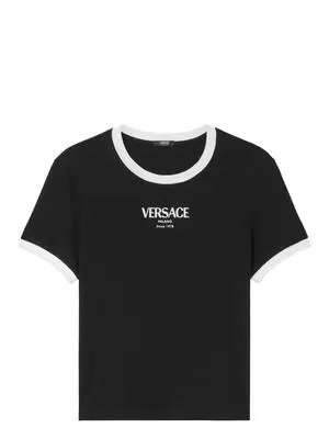 Versace Logo Motif Short-sleeve Crewneck Top With Ribbed Trims - Nero