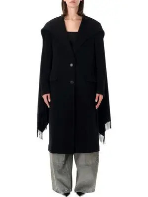 Attico Long Wool-blend Coat With Fringed Scarf - Nero