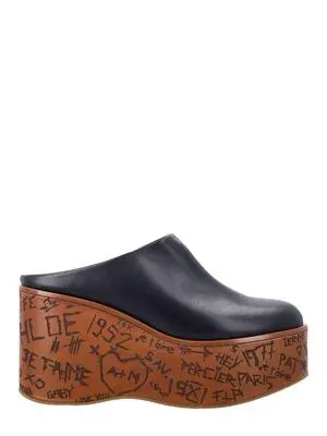 Chloé Maxime Graffiti Print Leather Slip-on Wedge Sandals - Nero