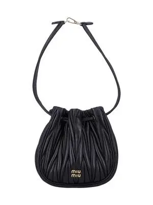 Miu Miu Quilted Lambskin Drawstring Handbag With Gold-tone Logo - Nero