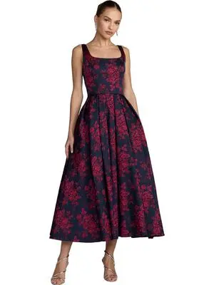 Mac Duggal Navy Brocade Floral A-line Dress With Pockets - Fuchsia Multi